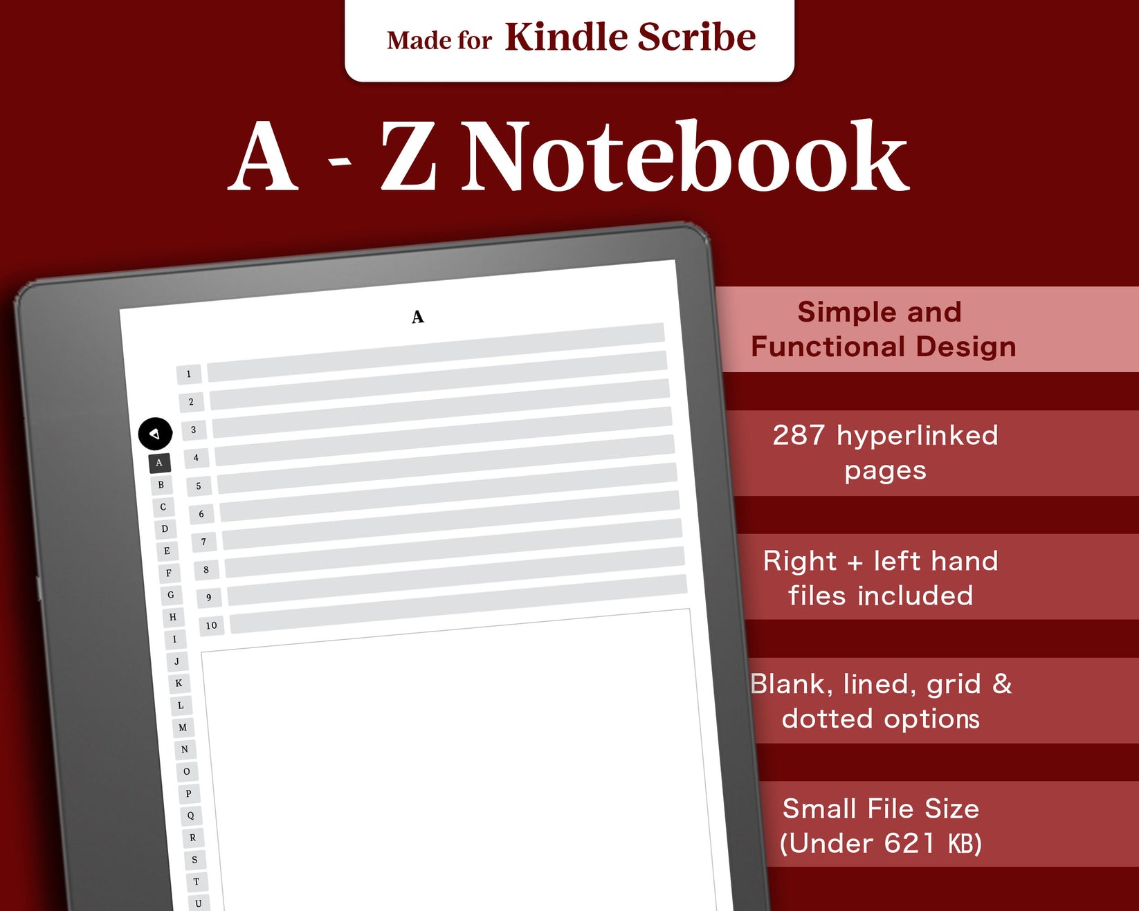 A to Z Tab Notebook | for Kindle Scribe – Jena W Designs